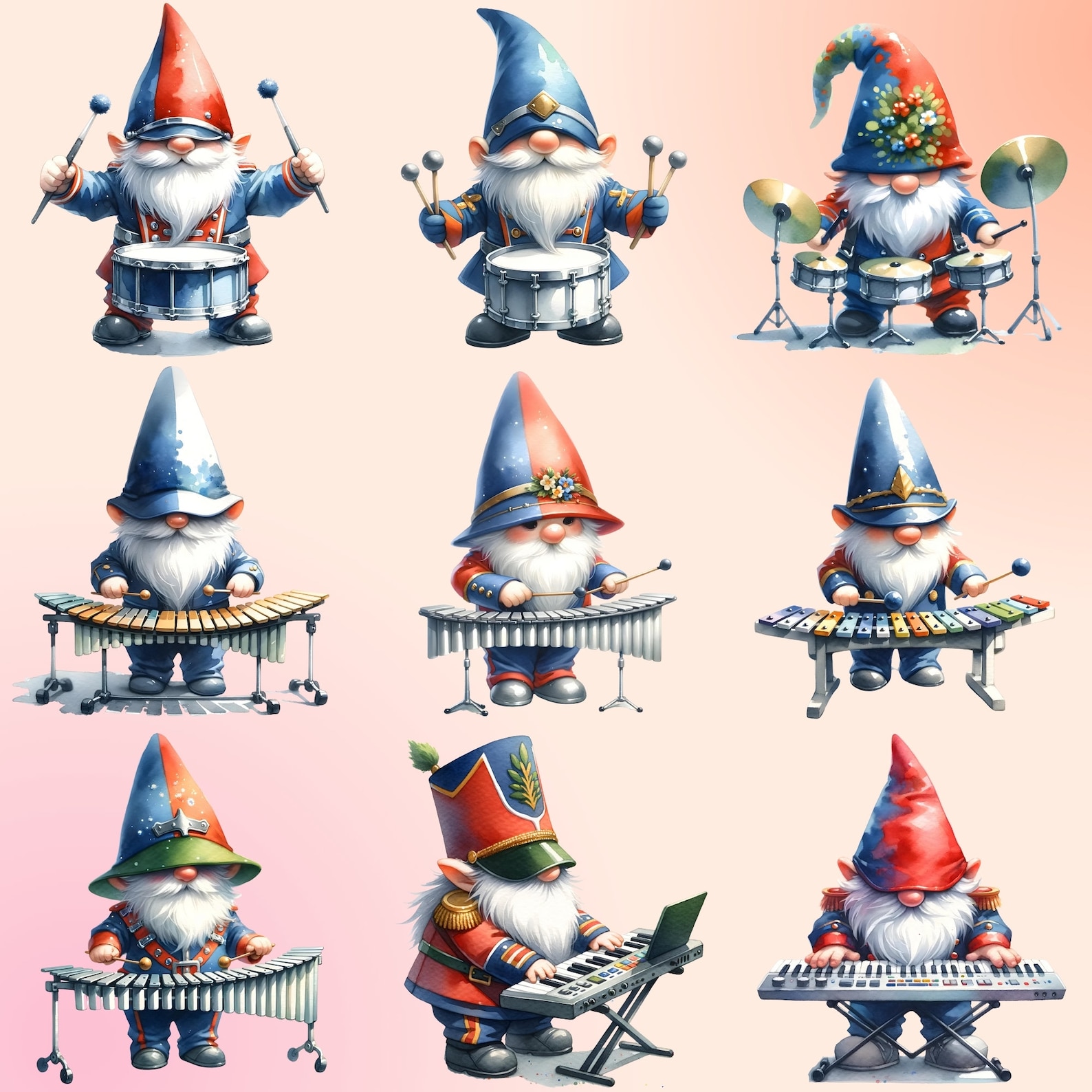 21 PNG , 300 DPI, Gnomes in Marching Band, Watercolor Clipart, Cute ...