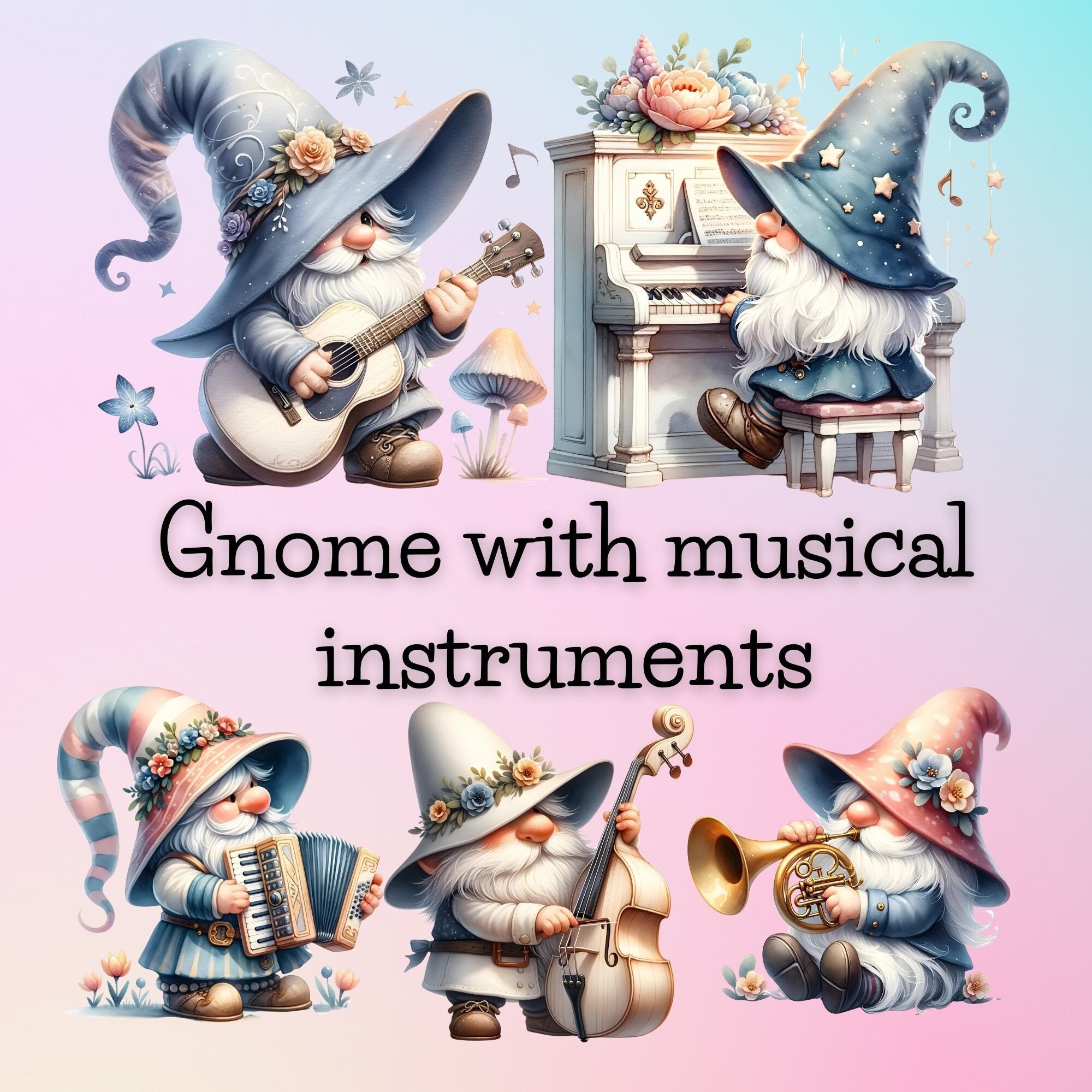 Watercolor Gnome Clipart: Musical Instruments (PNG, 300 DPI) - Etsy