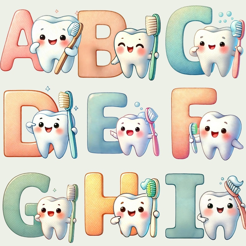 Alphabet A to Z With Cute Tooth Character, Watercolor Clipart ...