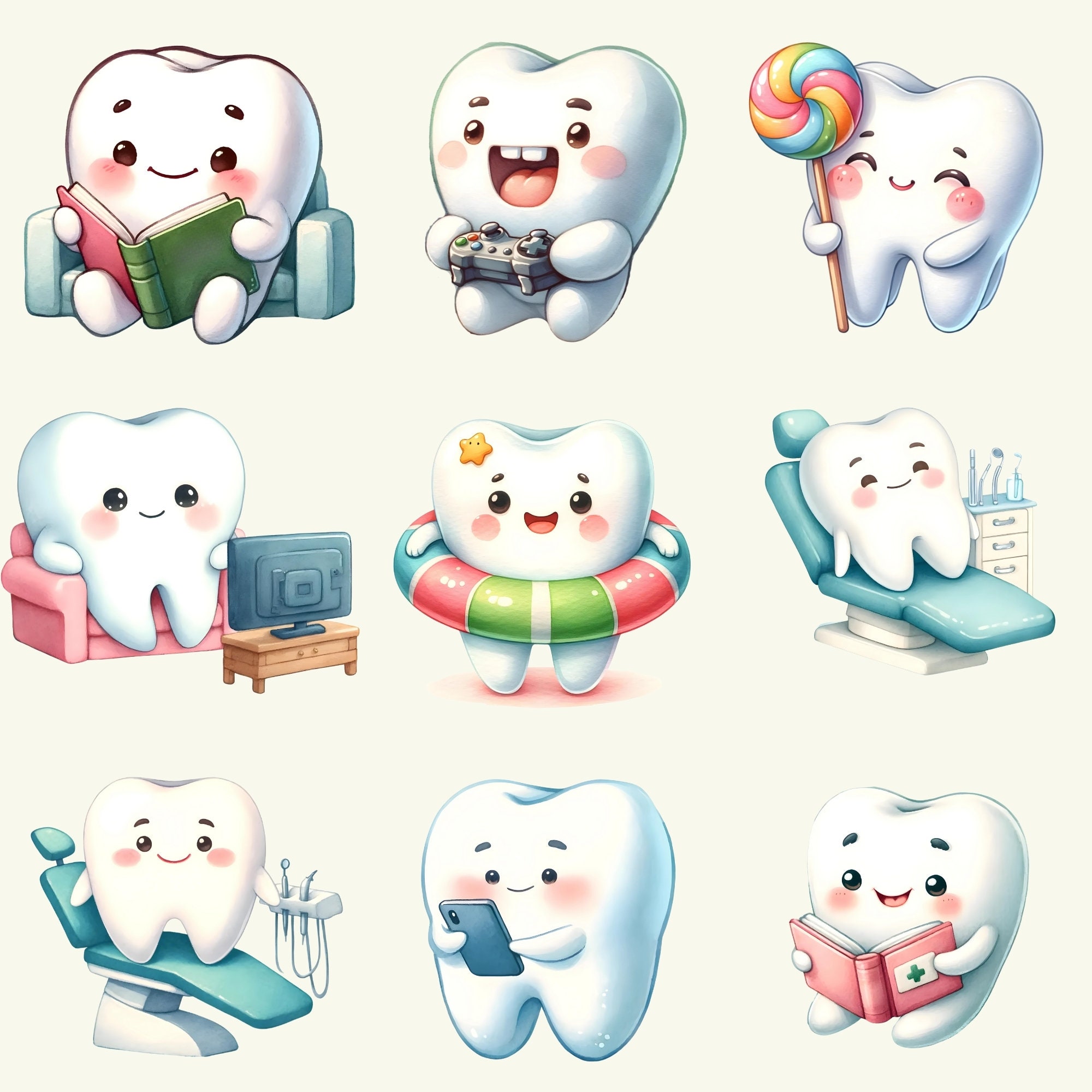 9 PNG, 300 DPI, Cute Teeth in Various Activities, Watercolor Clipart ...