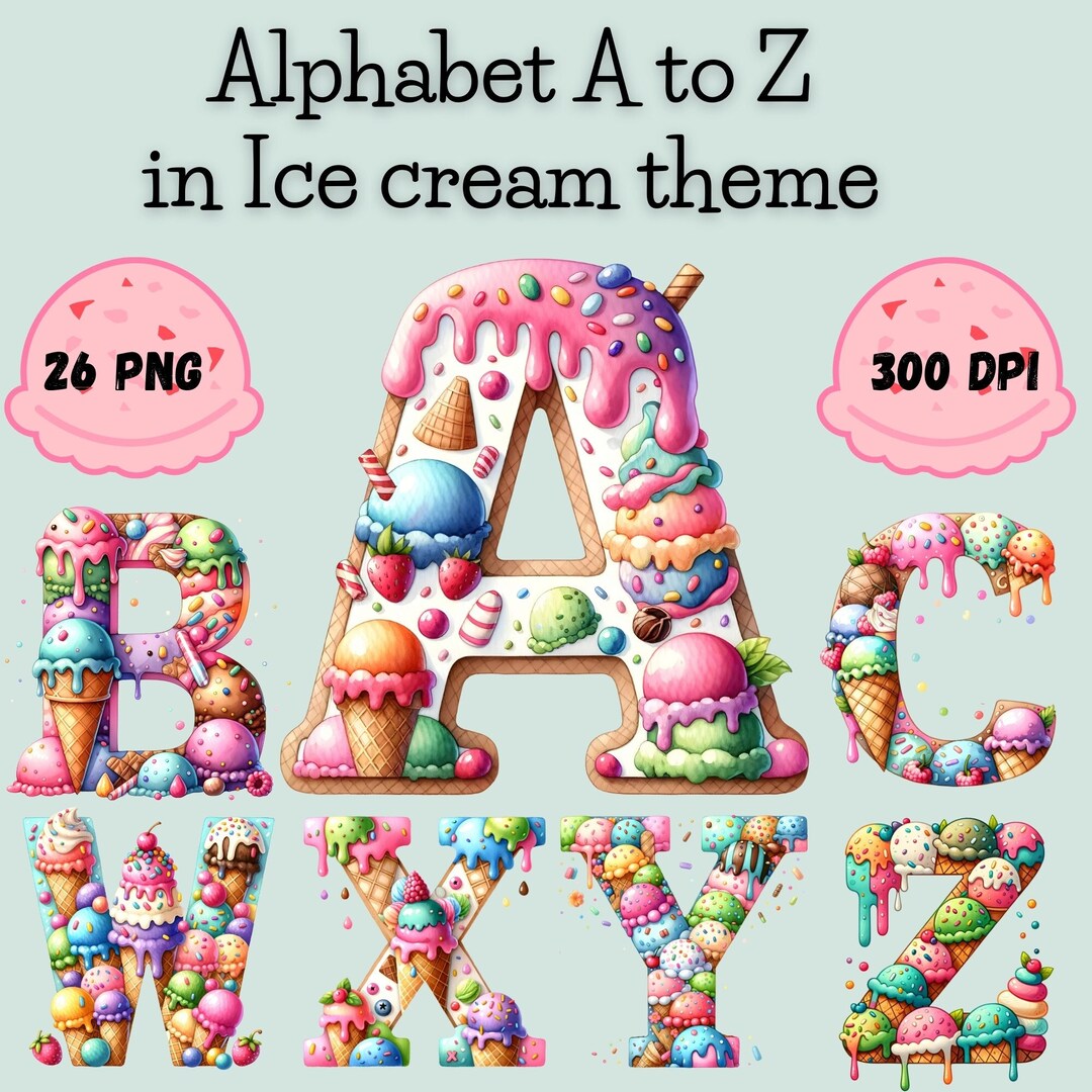 Alphabet A to Z in Ice Cream Theme, Watercolor Clipart, Cute Watercolor ...