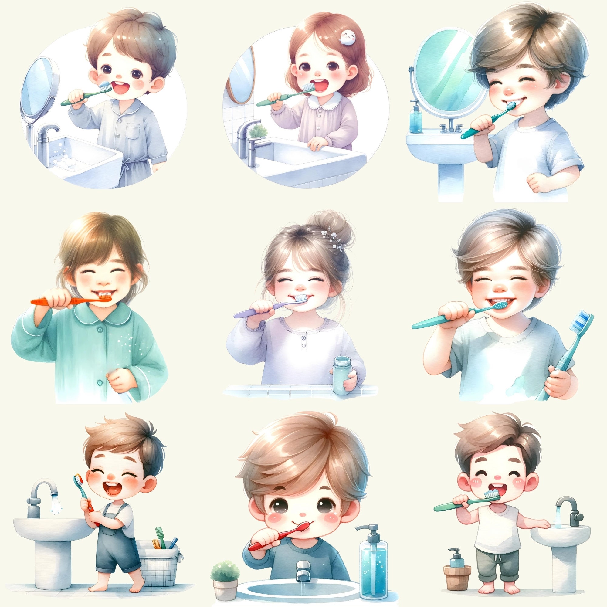 9 PNG, 300 DPI, Children Brushing Their Teeth, Watercolor Clipart ...