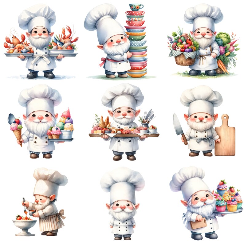 Gnome Chef in Cooking Theme, Watercolor Clipart, Cute Watercolor for ...