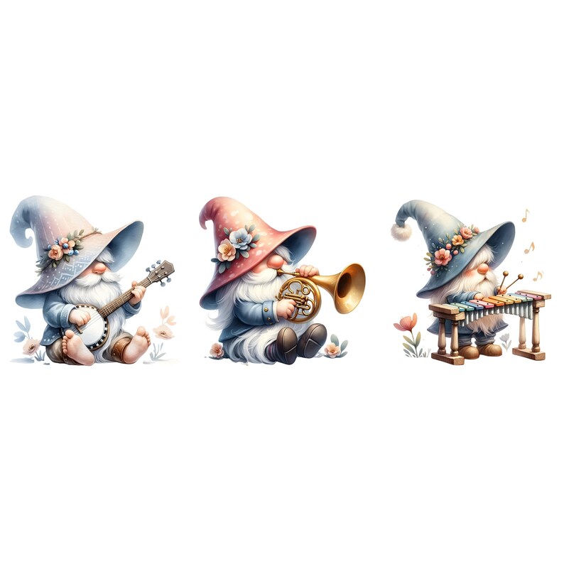 21 PNG , 300 DPI, Gnome With Musical Instruments, Watercolor Clipart ...