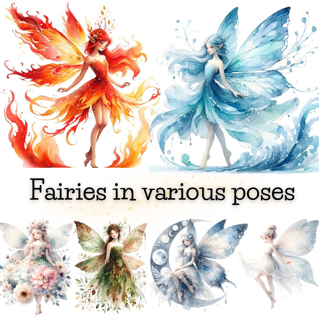 15 PNG, 300 DPI, Fairies in Various Poses, Watercolor Clipart, Cute ...