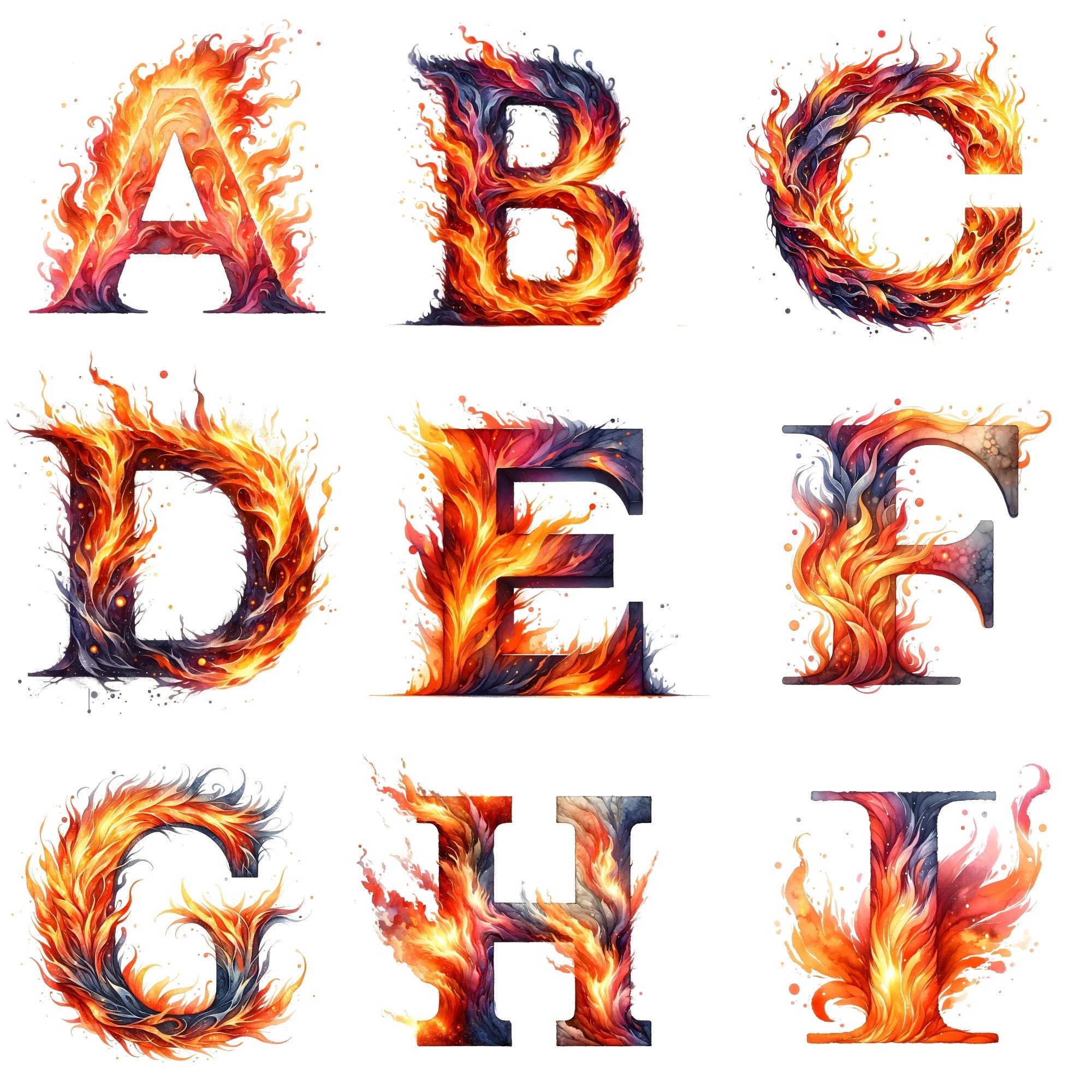 Alphabet A to Z in Flames, Watercolor Clipart, Commercial Use - Etsy