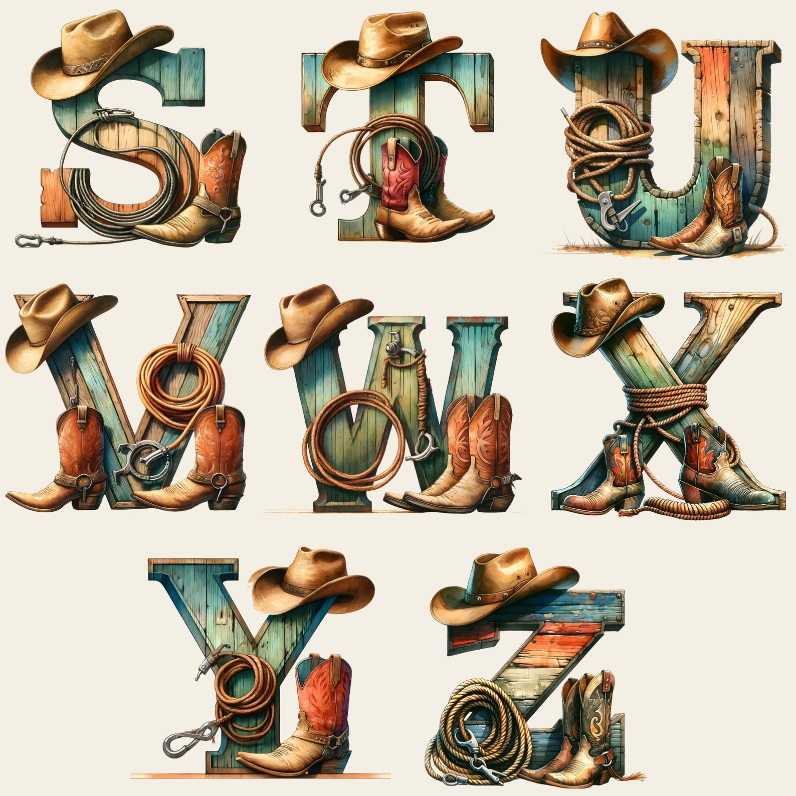 Alphabet A to Z in Cowboy Theme, Watercolor Clipart, Commercial Use - Etsy