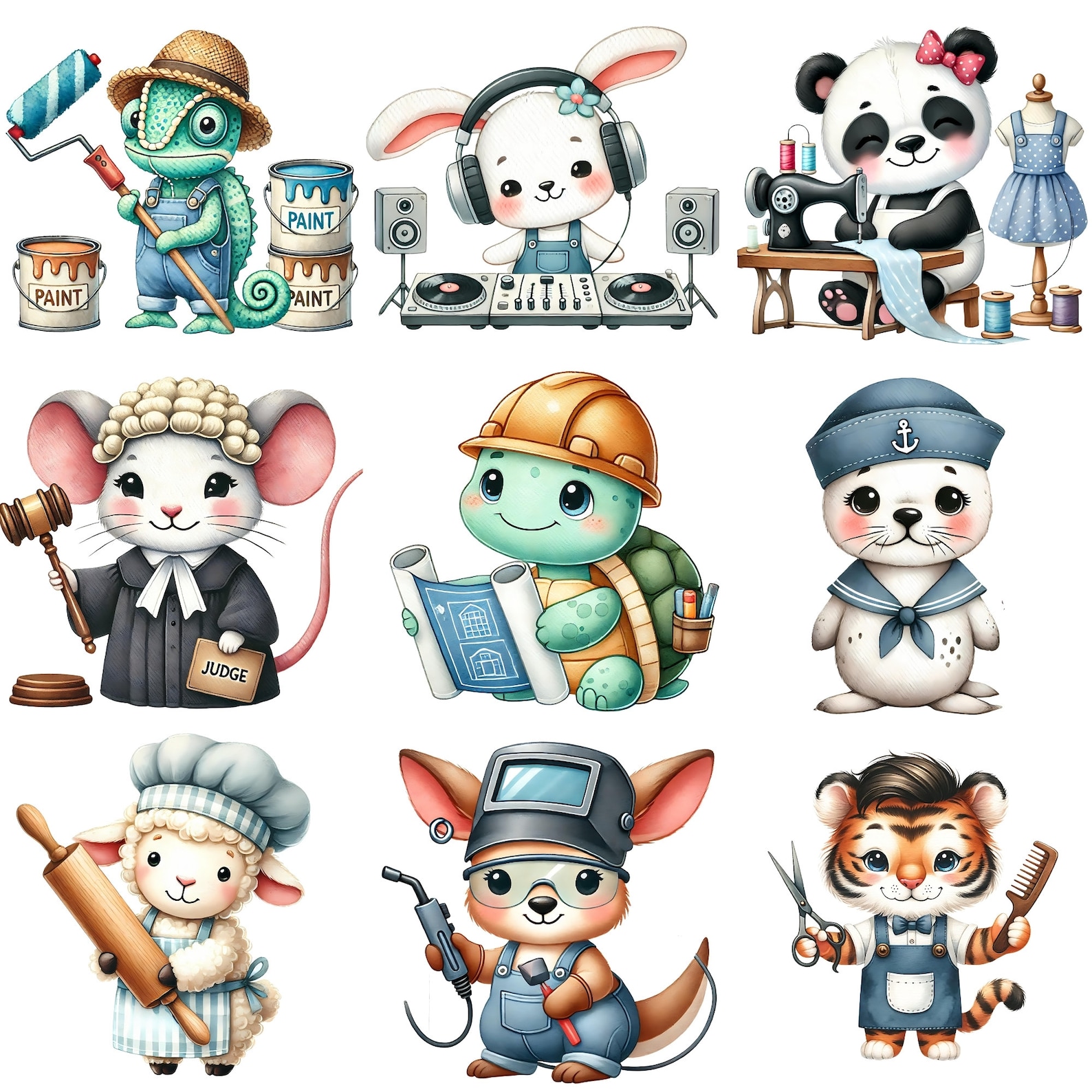 35 PNG, 300 DPI, Animals in Various Occupation, Watercolor Clipart ...