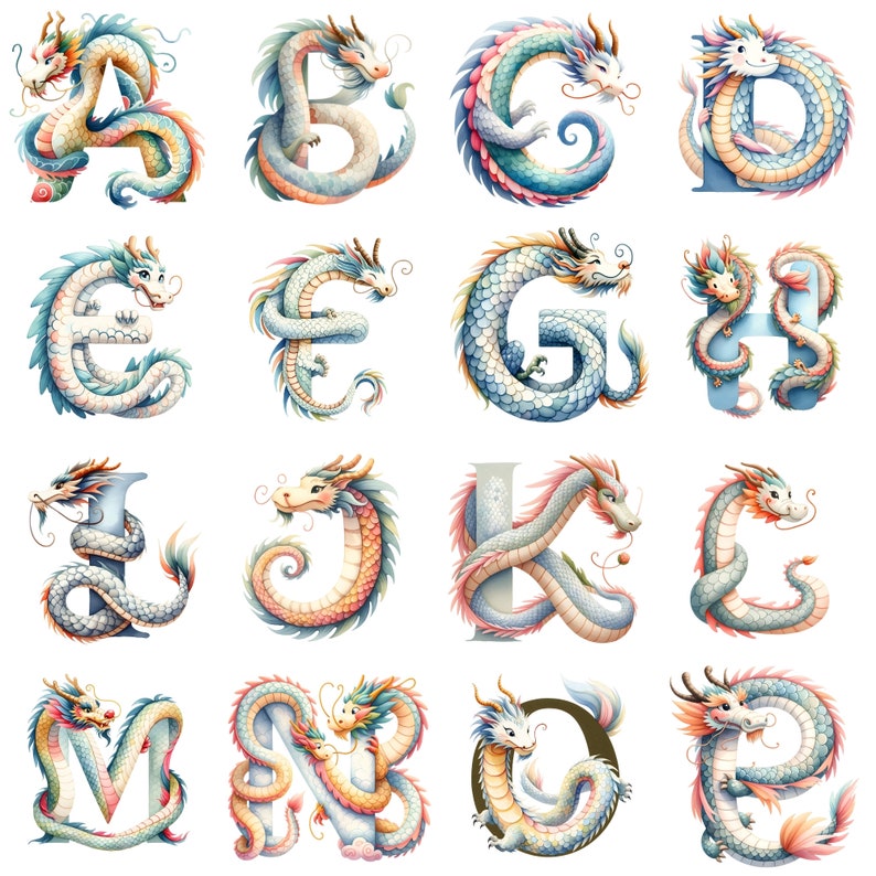 Chinese Dragon Alphabet Watercolor Clipart, Chinese Dragon Letter ...