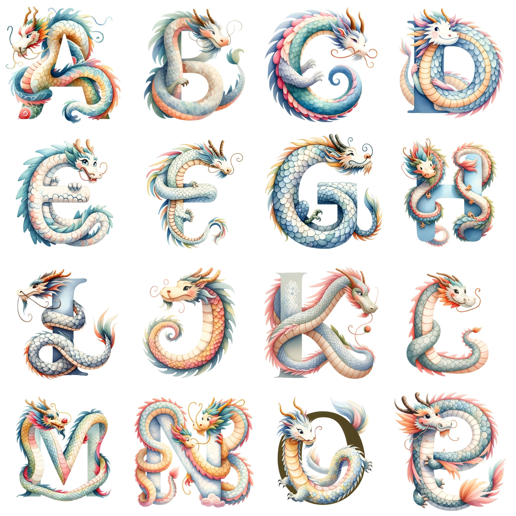 Chinese Dragon Alphabet Watercolor Clipart, Chinese Dragon Letter ...