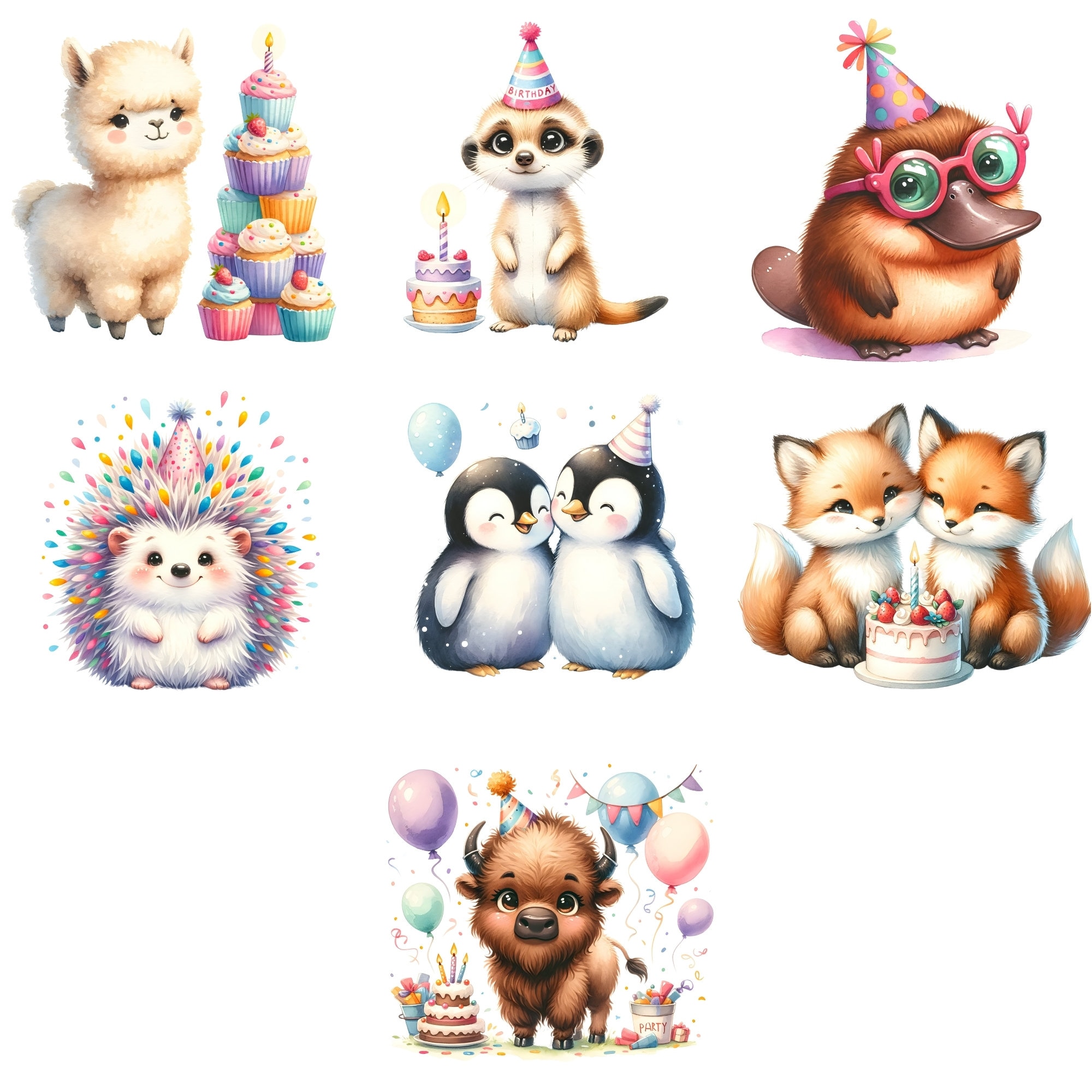 Cute Animal-themed Birthday Clipart, Watercolor Clipart, Cute ...