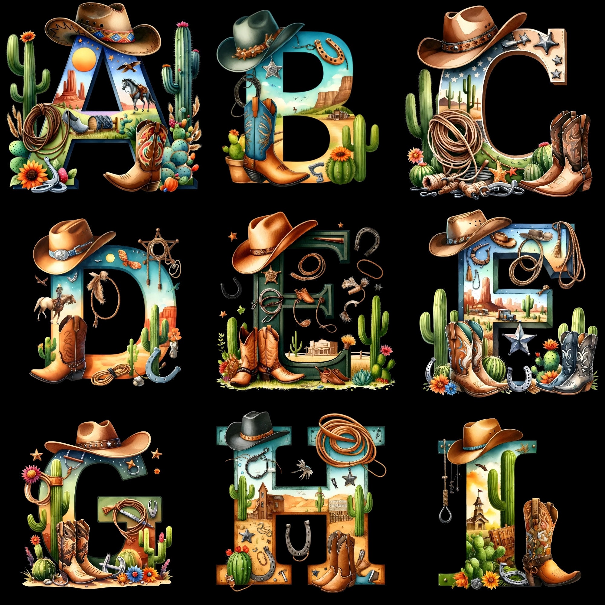Alphabet A to Z in Cowboy Theme, Watercolor Clipart, Commercial Use - Etsy