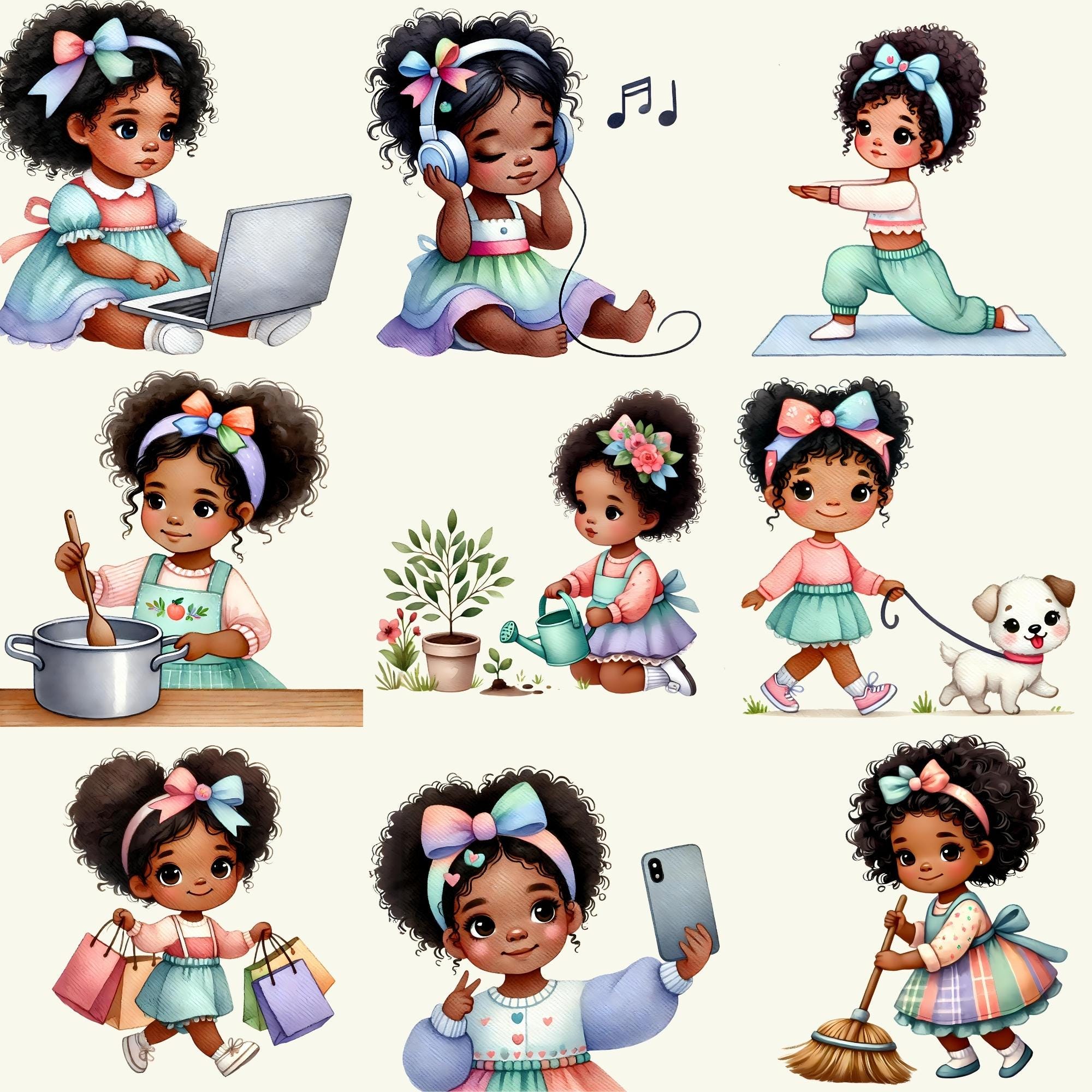 23 PNG, 300 DPI, Black Girl in Activities, Watercolor Clipart, Cute ...