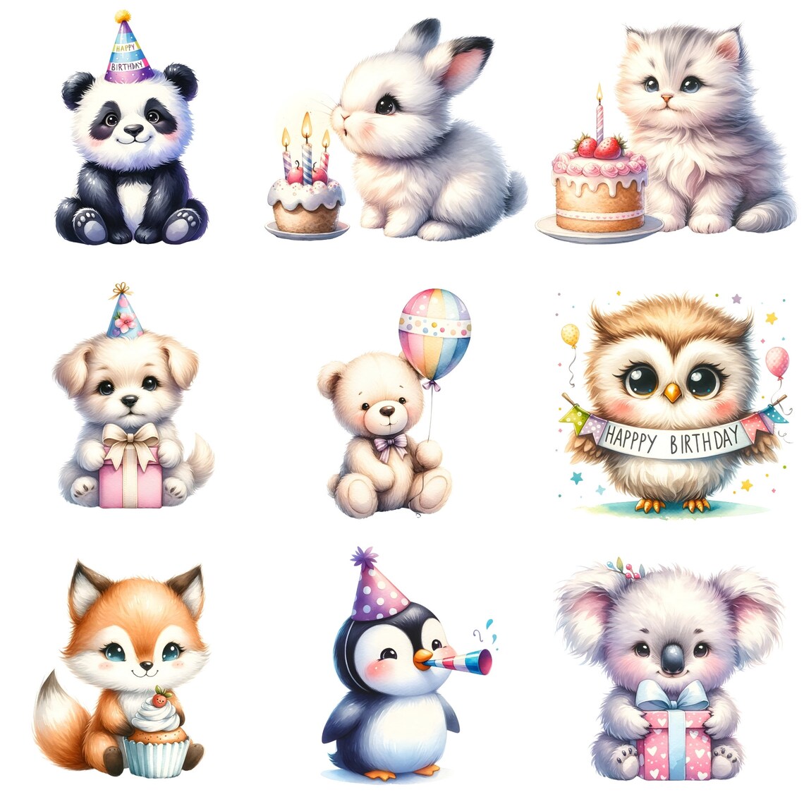 Cute Animal-themed Birthday Clipart, Watercolor Clipart, Cute ...