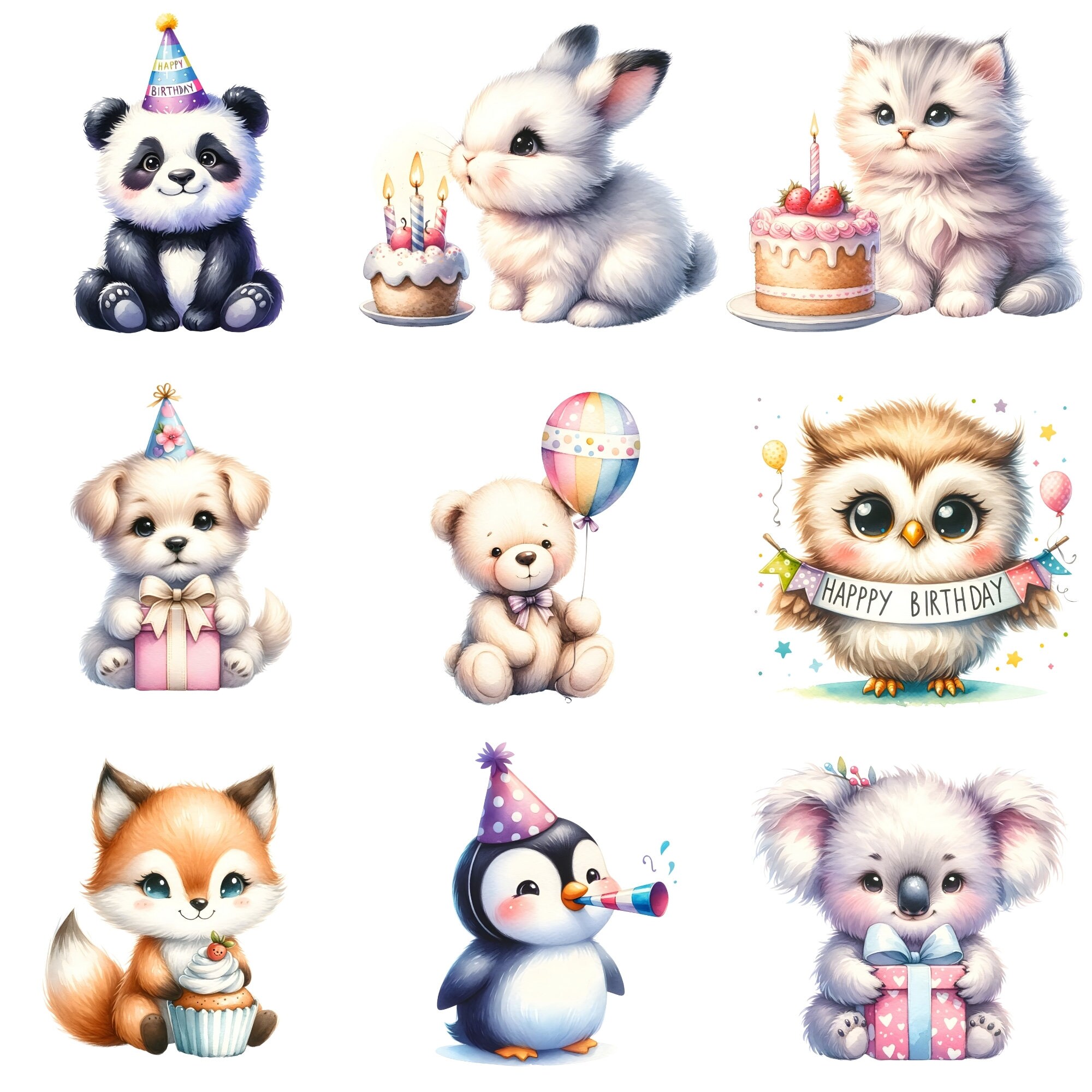 Cute Animal-themed Birthday Clipart, Watercolor Clipart, Cute ...