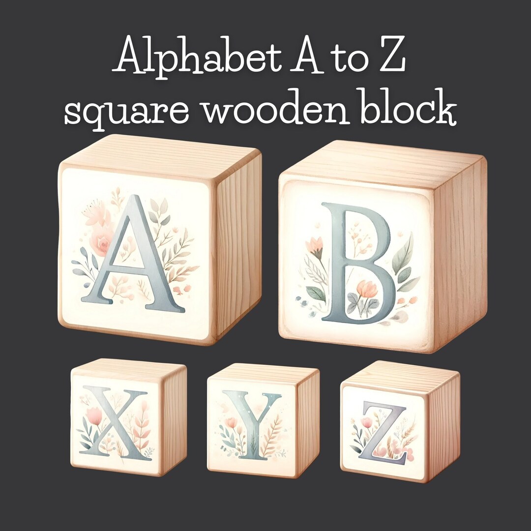 Alphabet A to Z Square Wooden Block, Watercolor Clipart, Commercial Use ...