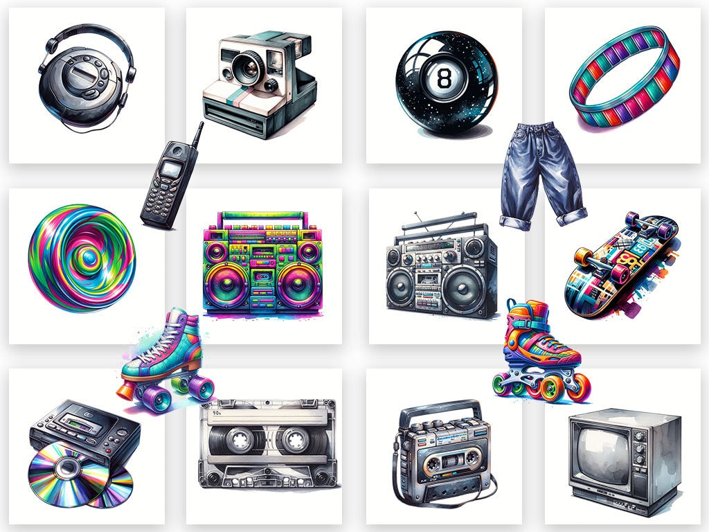 Retro 80s-90s Nostalgia Collection - 16 PNG Digital Files, Instant ...