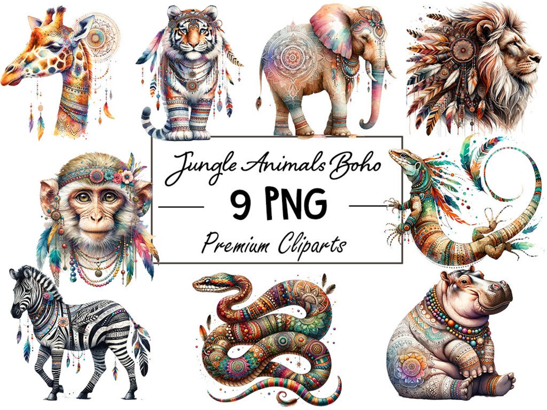 Boho Chic Jungle Animals Collection - 9 PNG Digital Files, Instant ...