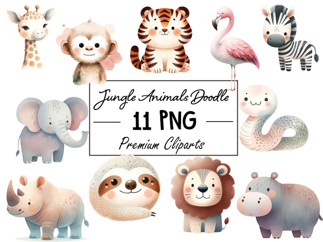 Playful Baby Jungle Animals Doodle Collection - 11 PNG Digital Files ...