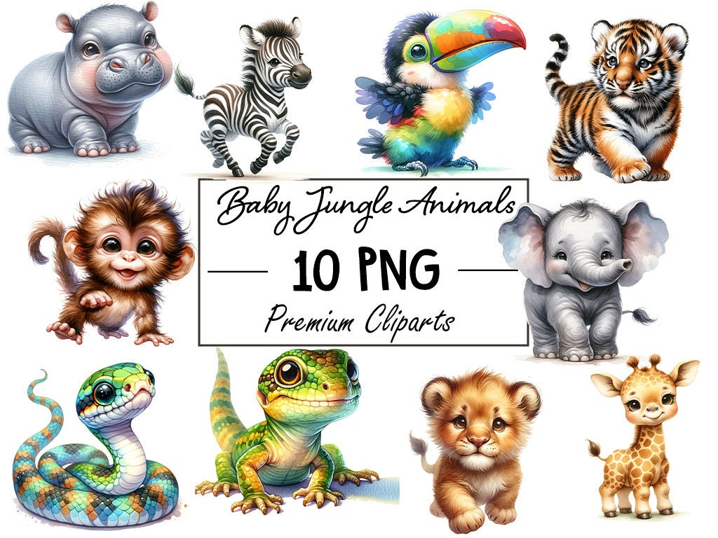 Adorable Baby Jungle Animals Clipart - 10 PNG Files for Exotic ...