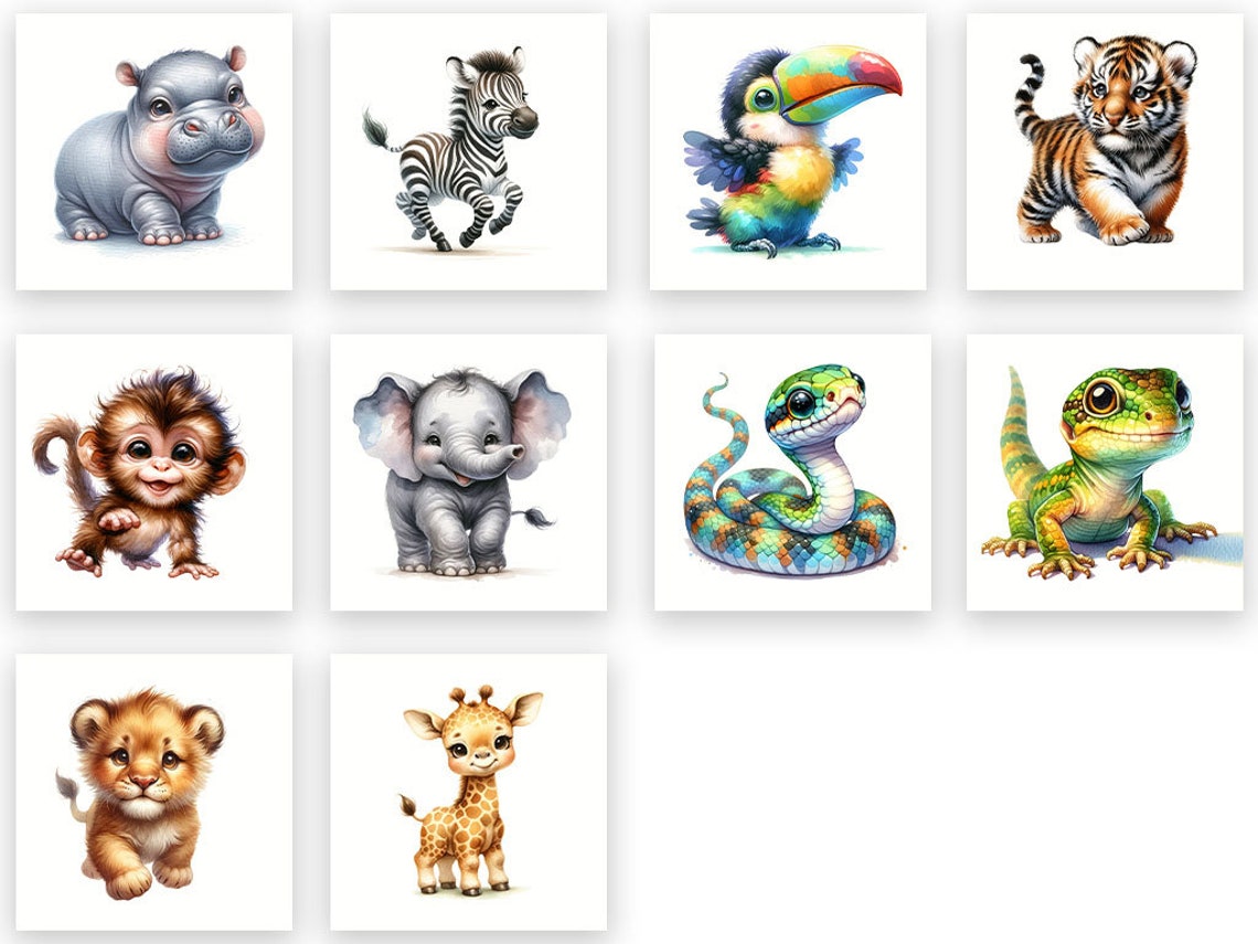 Adorable Baby Jungle Animals Clipart - 10 PNG Files for Exotic ...