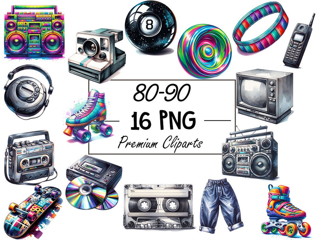 Retro 80s-90s Nostalgia Collection - 16 PNG Digital Files, Instant ...