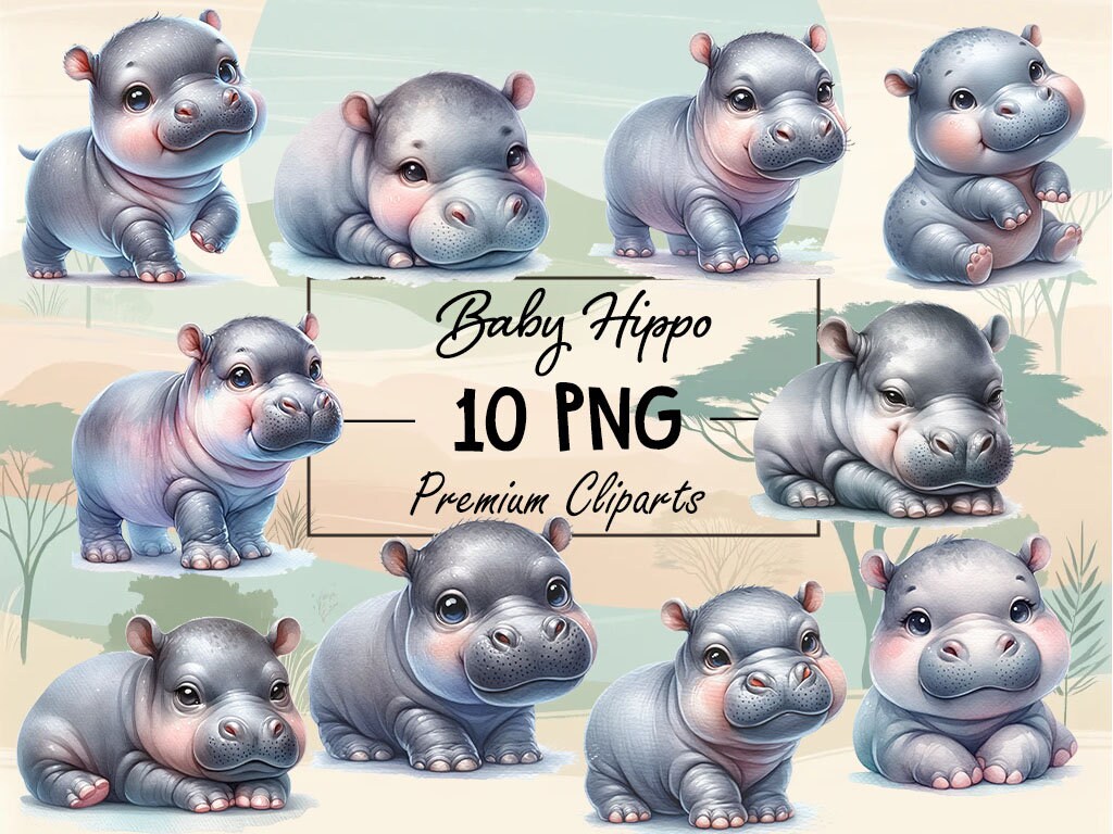 Charming Baby Hippo PNG Collection - Set of 10 Adorable Hippopotamus ...