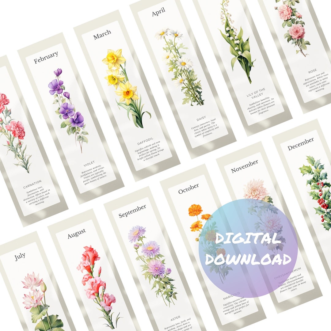 Birth Month Flower Bookmarks | Set of 12 Printable Bookmarks | Floral ...