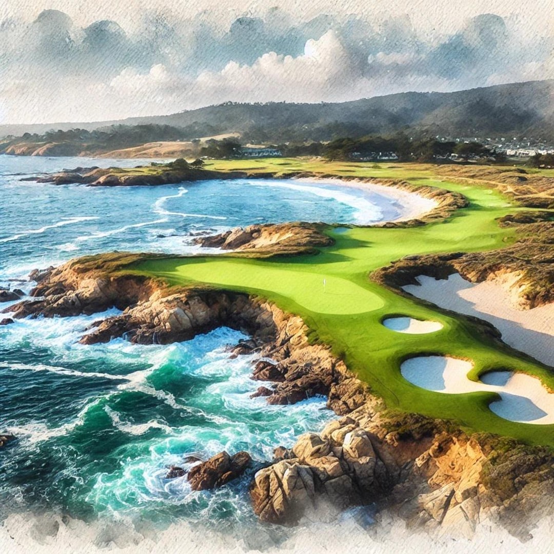 Coastal Golf Course Art 7th Hole at Pebble Beach Watercolor Print - Etsy