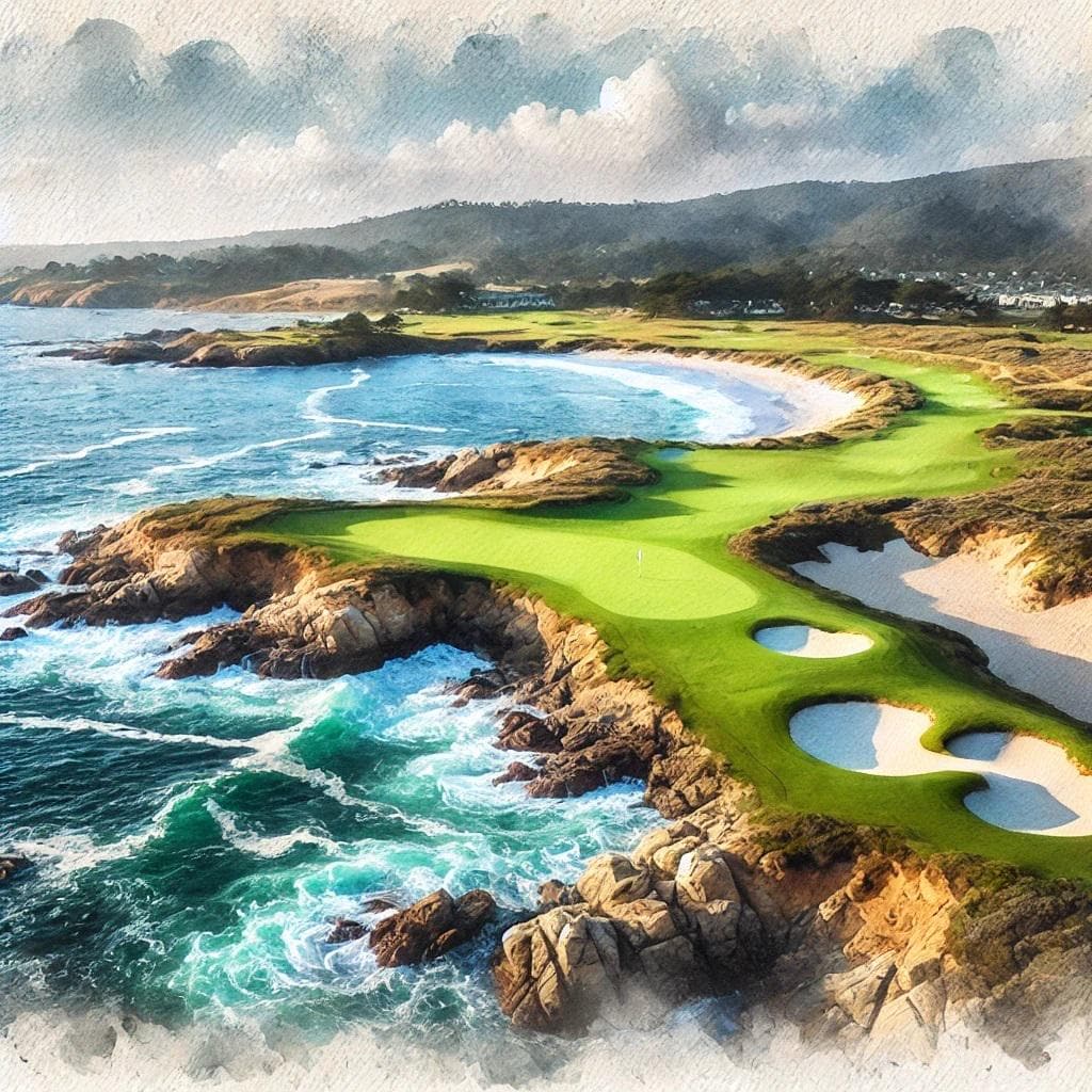 Coastal Golf Course Art 7th Hole at Pebble Beach Watercolor Print - Etsy