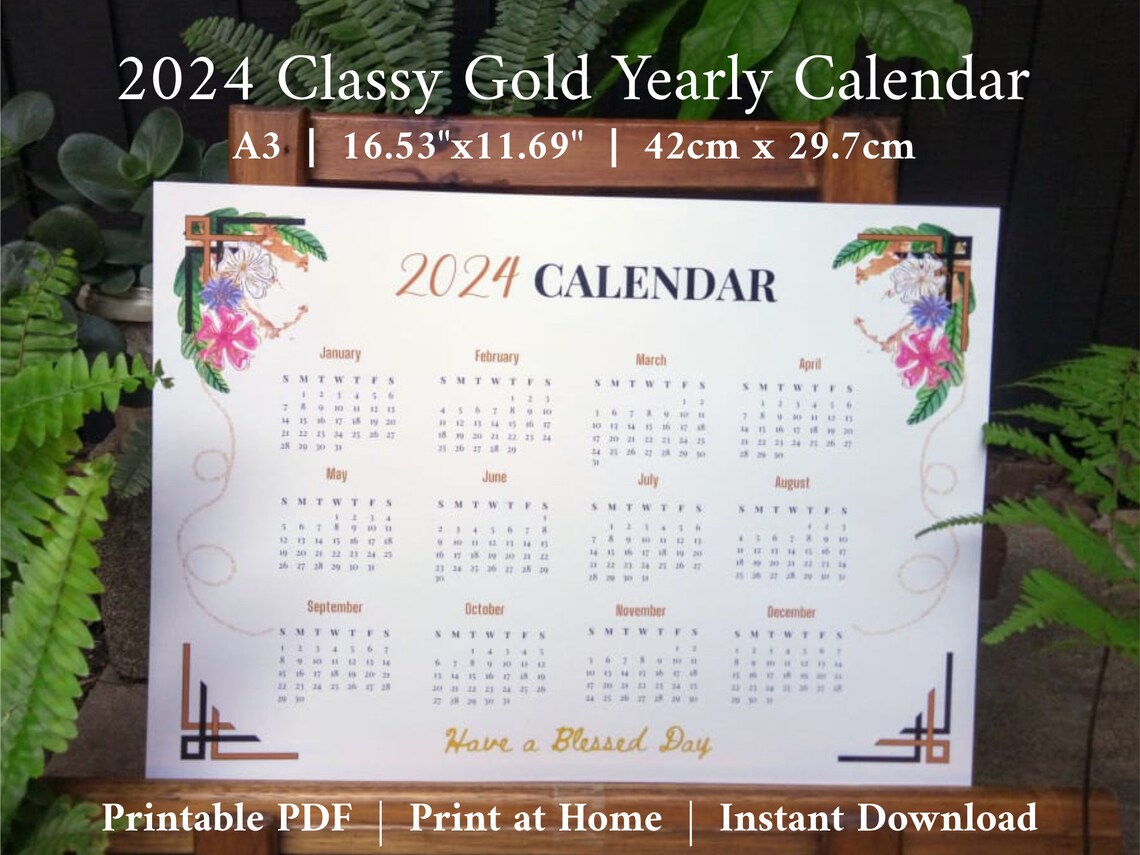 2024 Yearly Calendar, 2024 Classy Gold Calendar, Printable Wall ...
