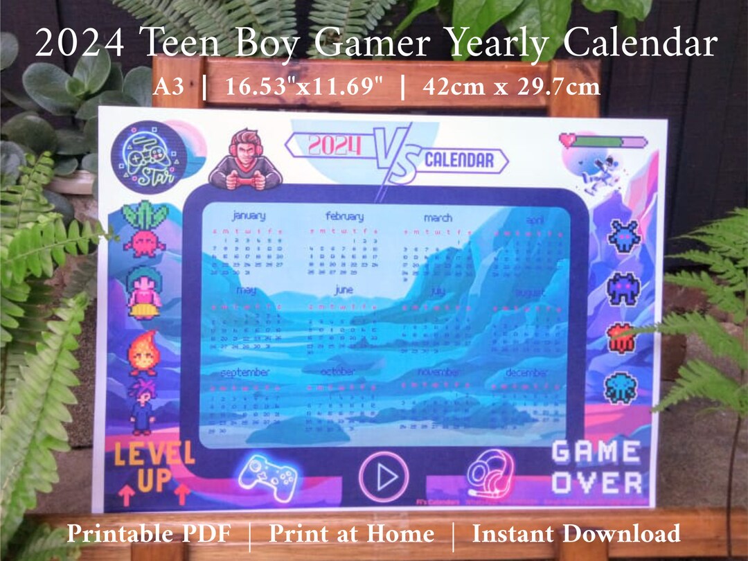 2024 Yearly Calendar, 2024 Teen Boy Gamer Calendar, Printable Calendar ...