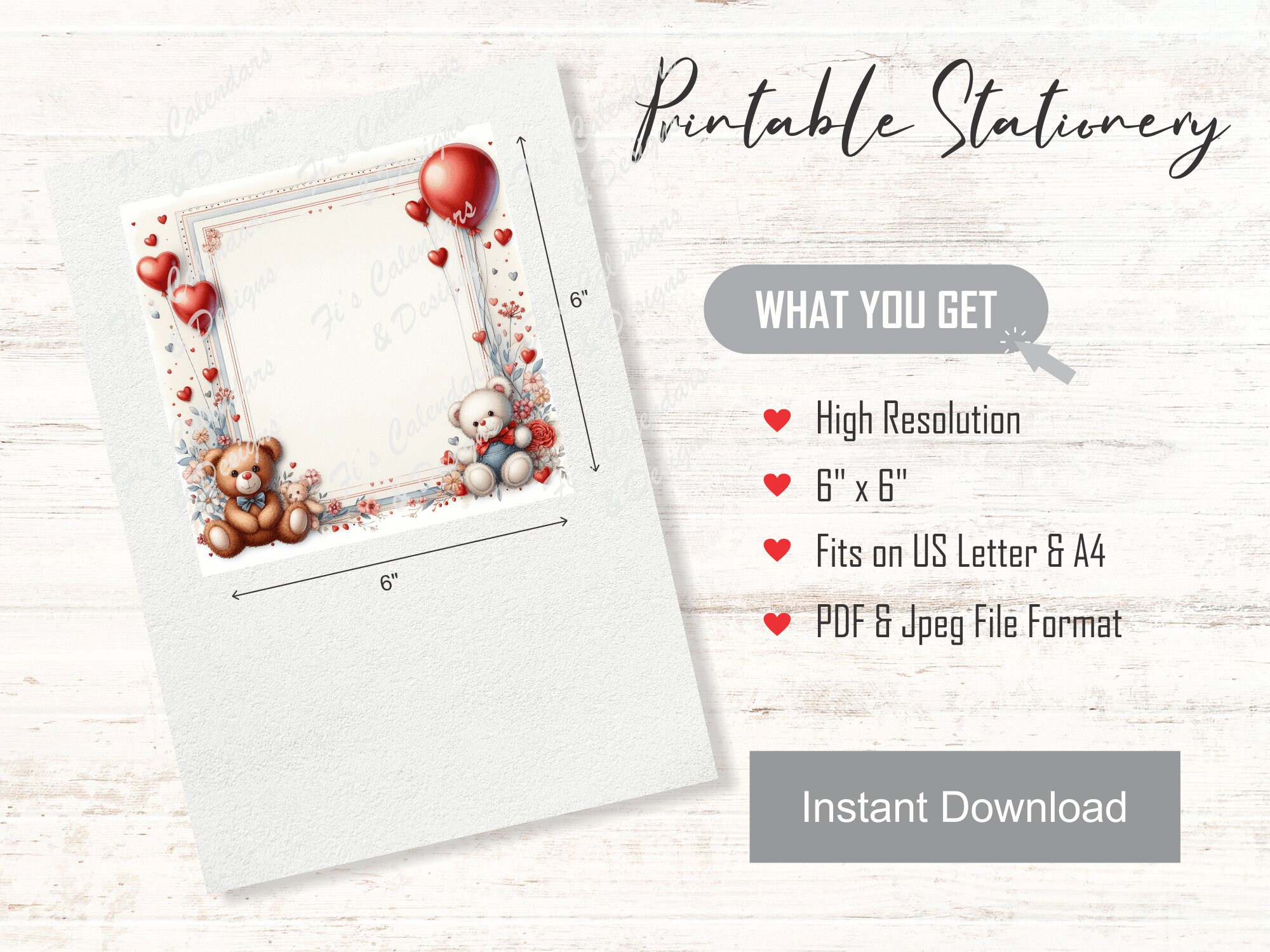 Teddy Bear Valentine's Day Printable Stationery, Note Cards, Blank Love ...