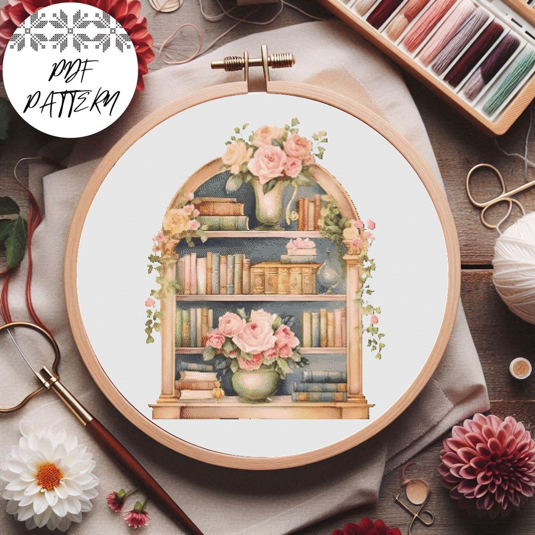 Book Shelf Cross Stitch Pattern, PDF Pattern, Embroidery, DIY, Books ...