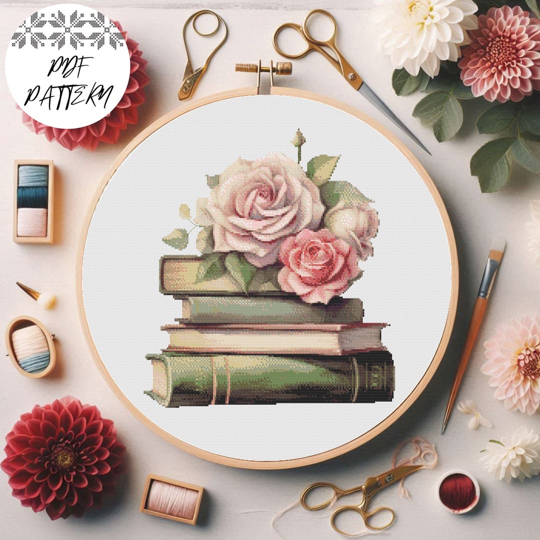 Pile of Books Cross Stitch Pattern PDF, Embroidery Design, DIY Library ...
