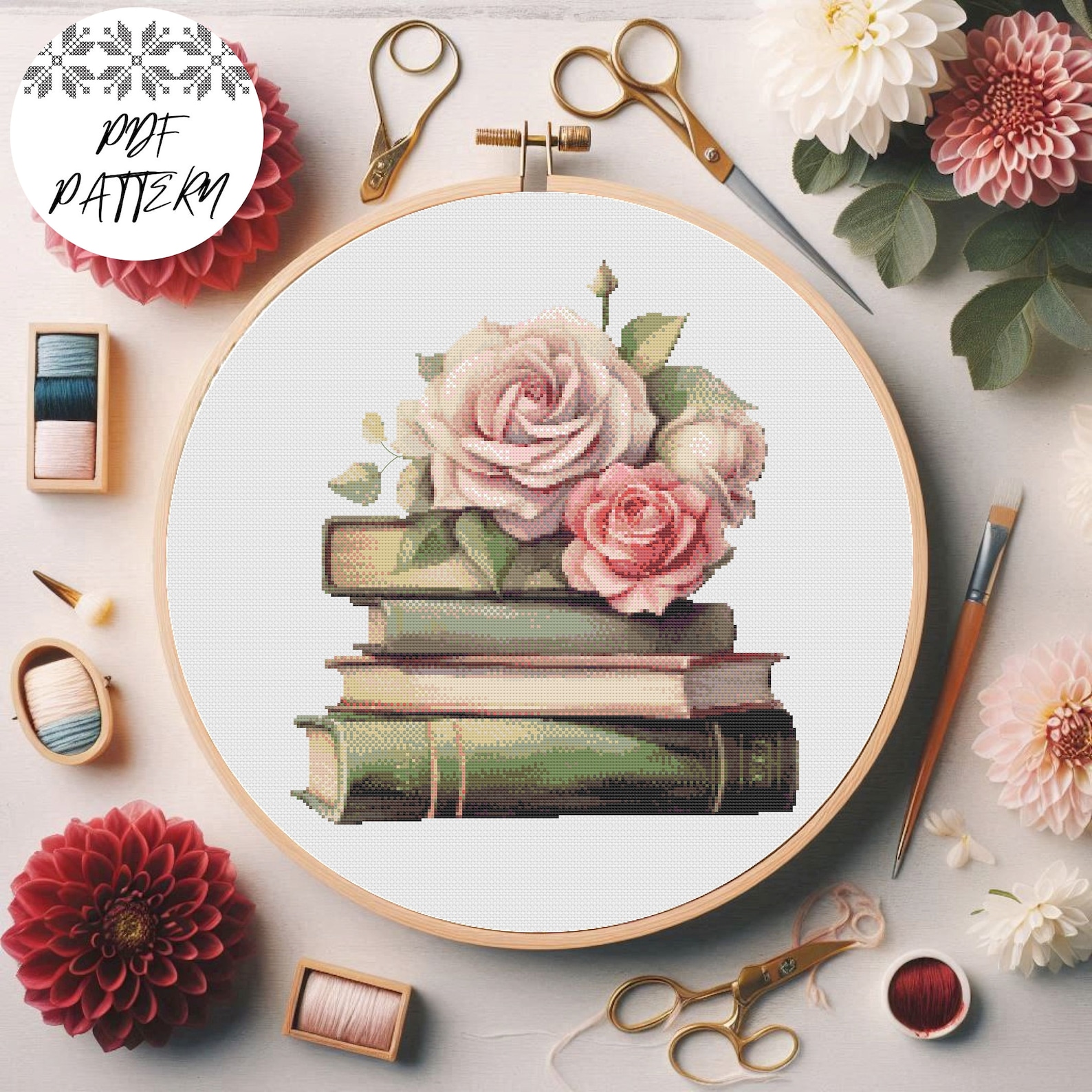 Pile of Books Cross Stitch Pattern PDF, Embroidery Design, DIY Library ...