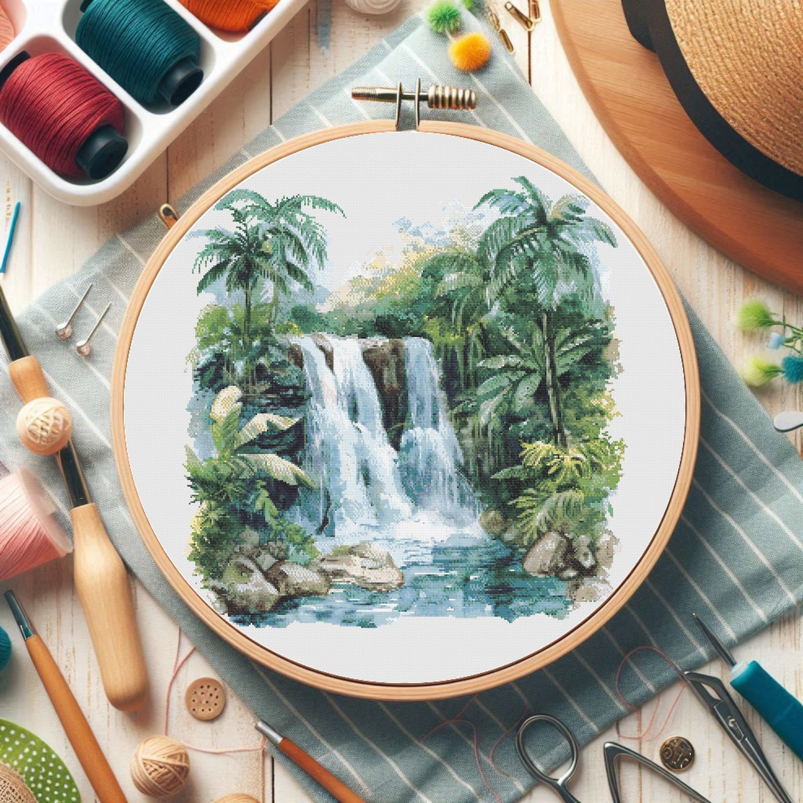 Tropical Waterfall Cross Stitch Pattern: Beach Palm DIY Embroidery (PDF ...
