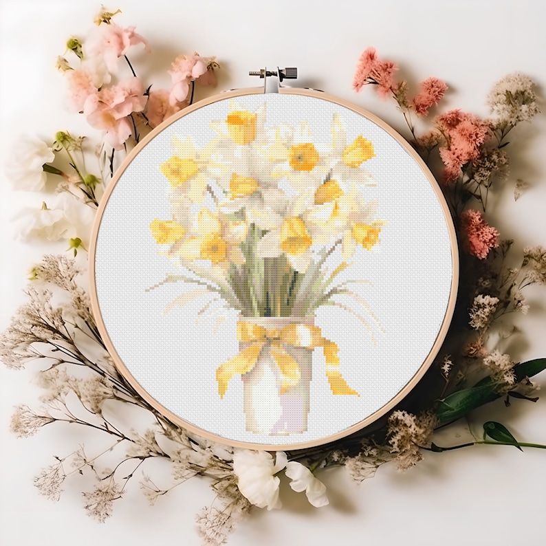 Daffodils Bouquet Cross Stitch Pattern: Spring Floral Embroidery (PDF ...
