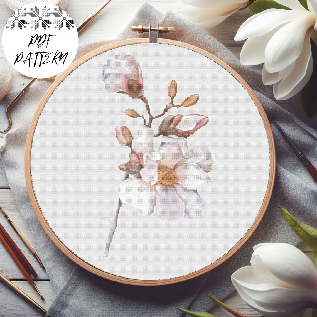 Magnolia Cross Stitch Pattern: Botanical Floral Embroidery (PDF ...
