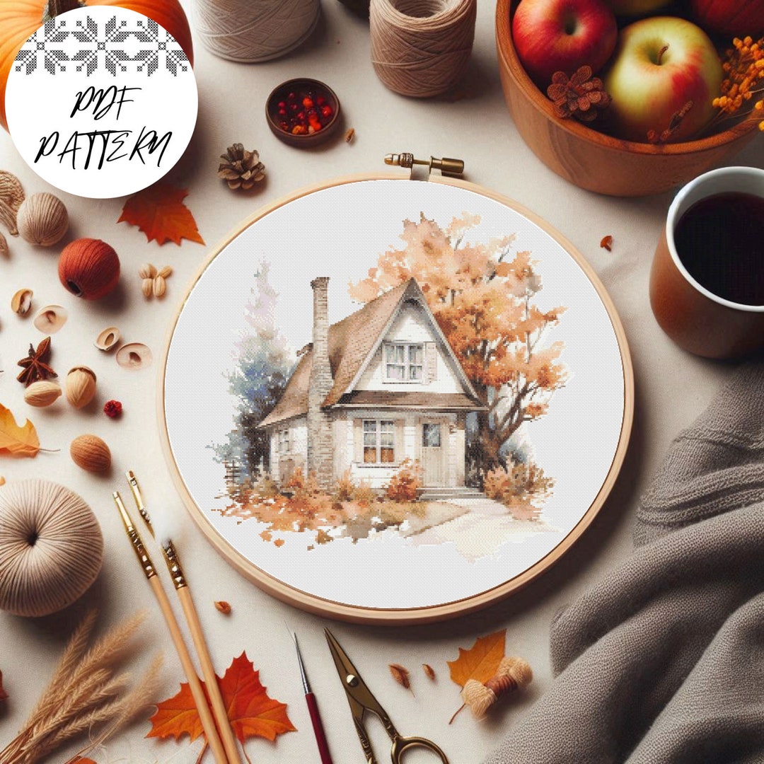 Autumn House Cross Stitch Pattern: Mountain Field Embroidery (PDF ...
