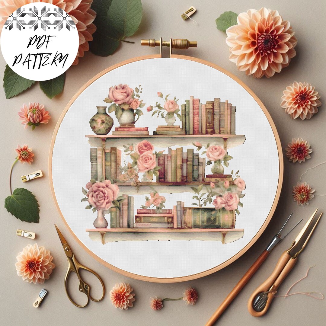 Bookshelf and Roses Cross Stitch Pattern – Floral Embroidery (PDF ...