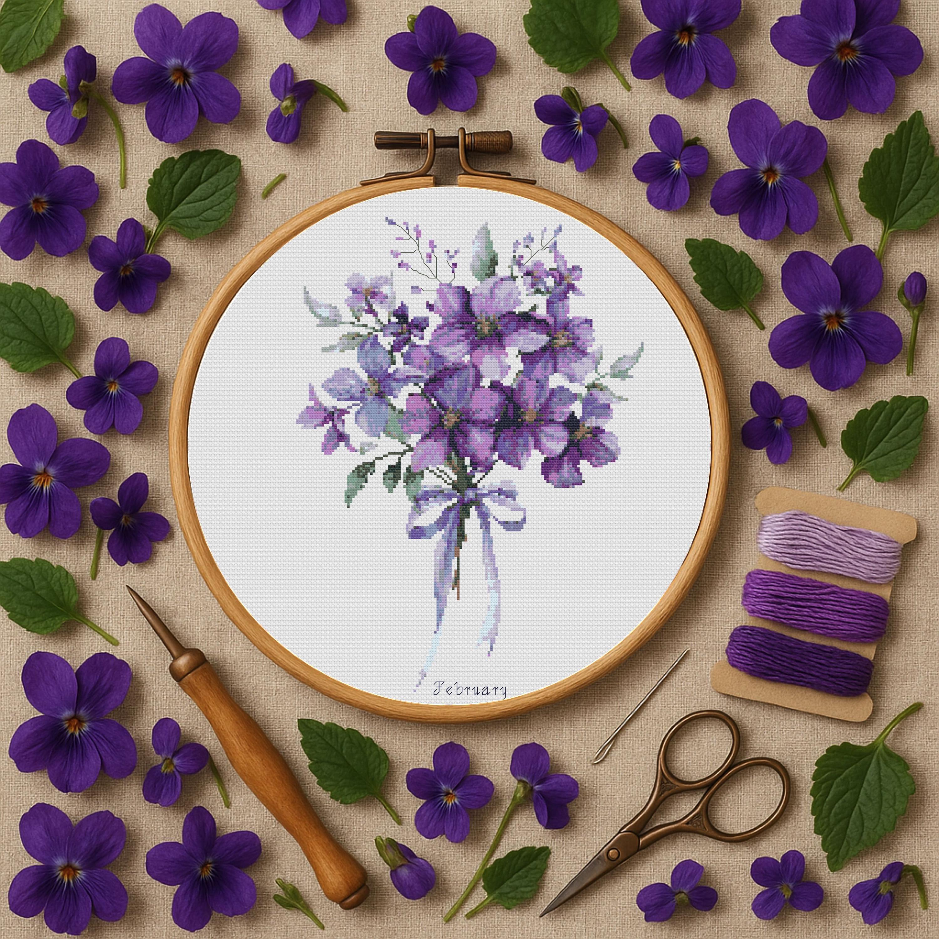 February Violet Birth Flower Cross Stitch Pattern: Floral Embroidery ...