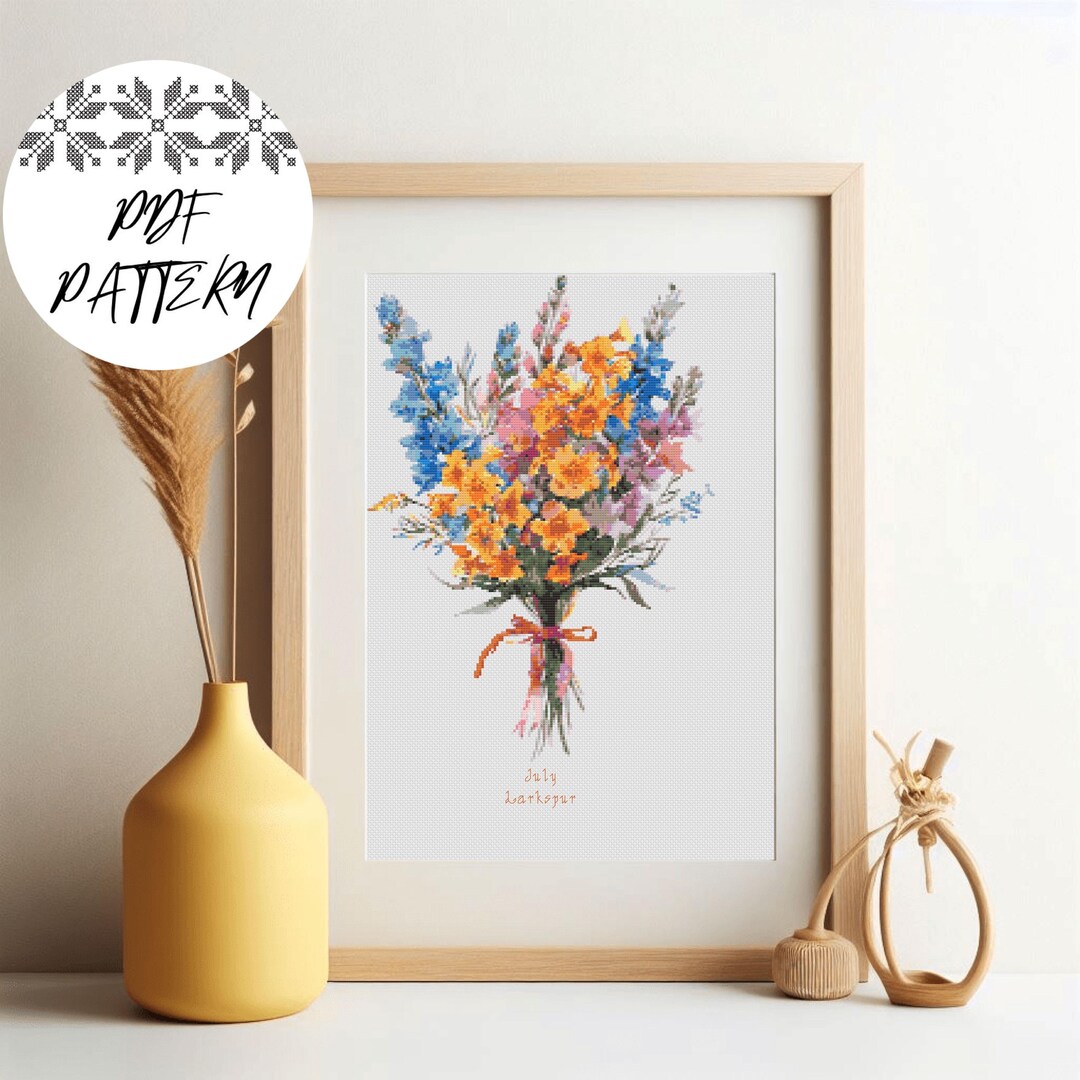 July Larkspur Birth Flower Cross Stitch Pattern – Floral Embroidery ...