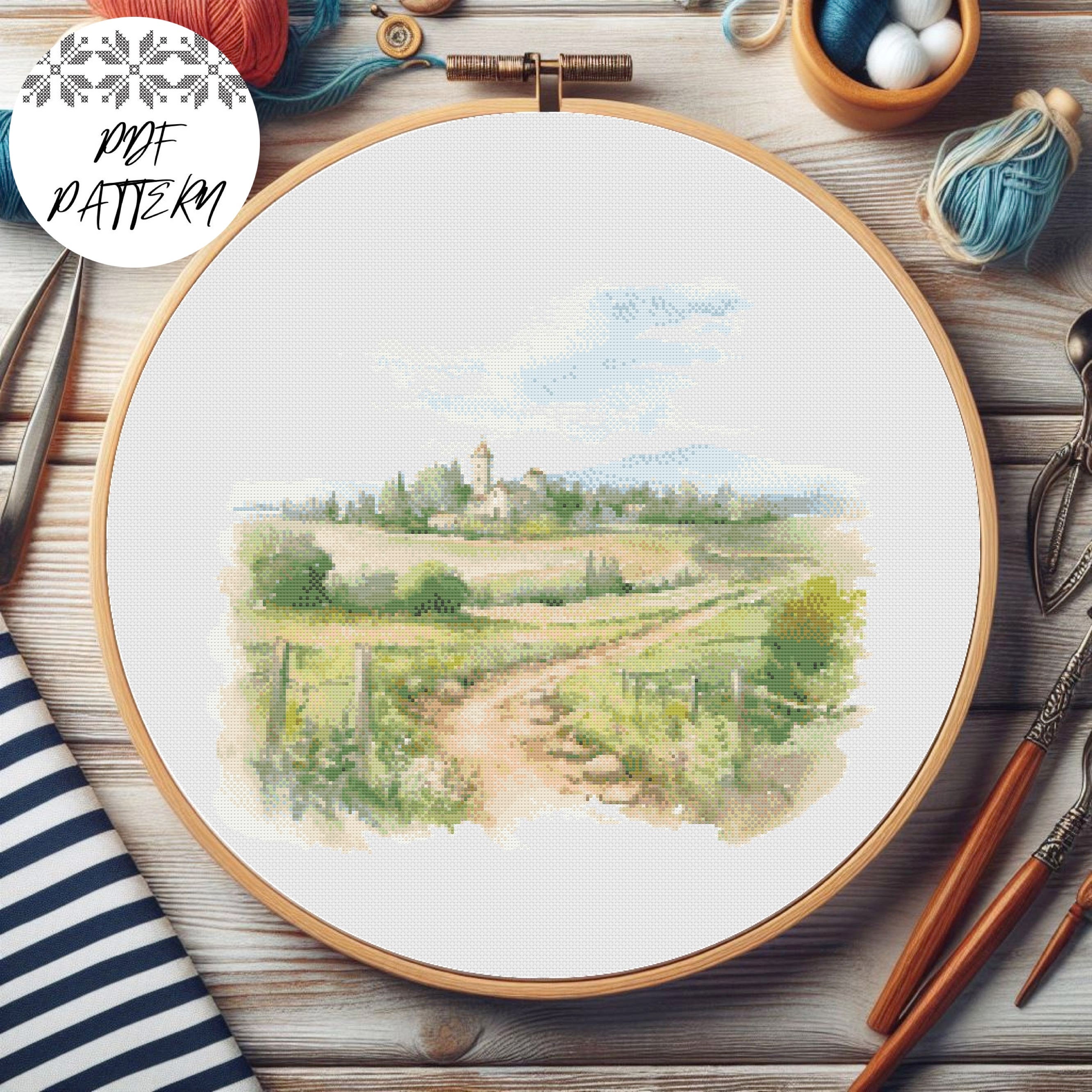 French Countryside Cross Stitch Pattern – Landscape Embroidery (PDF ...