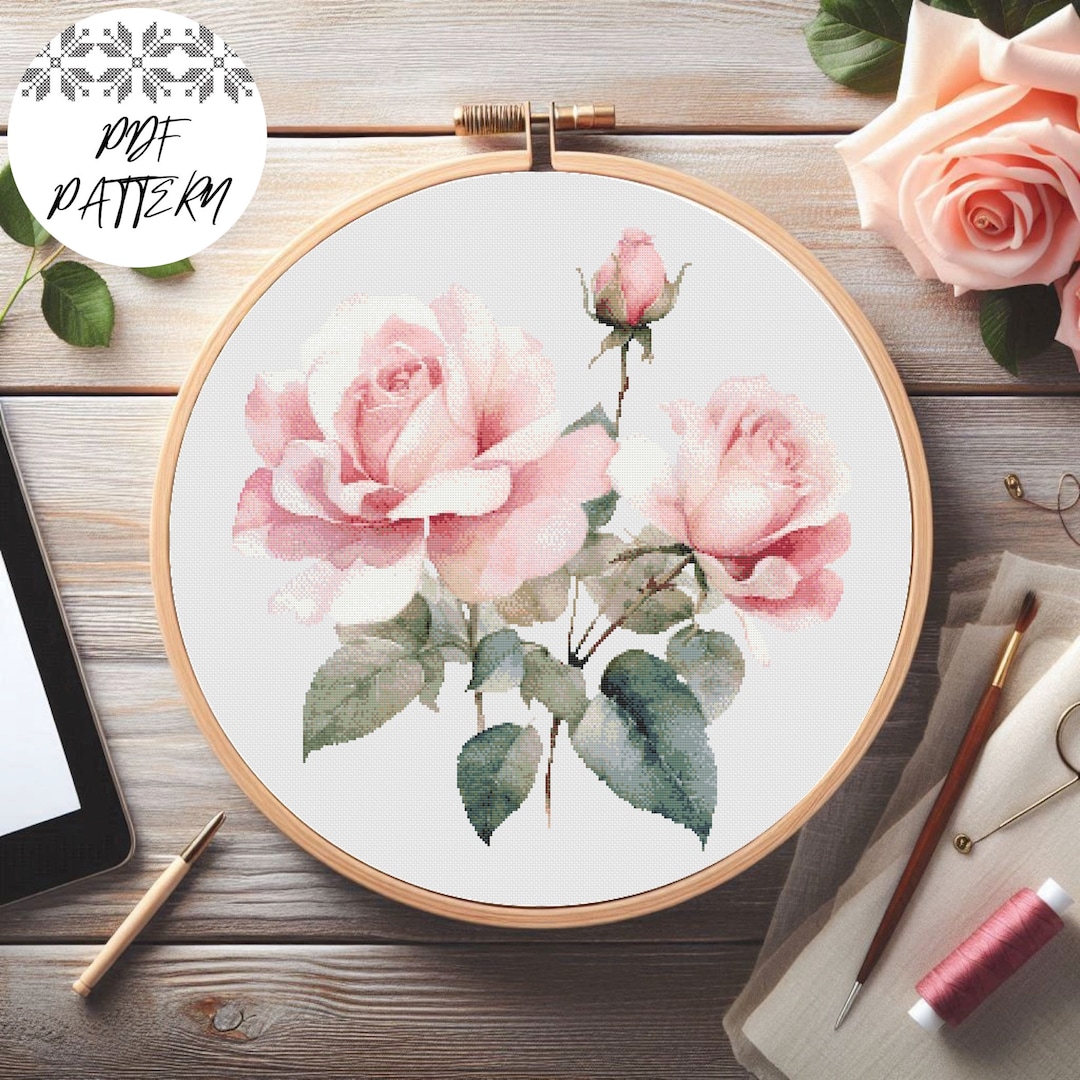 Romantic Roses Bouquet Cross Stitch Pattern PDF – Floral Embroidery Design, Botanical Digital ...