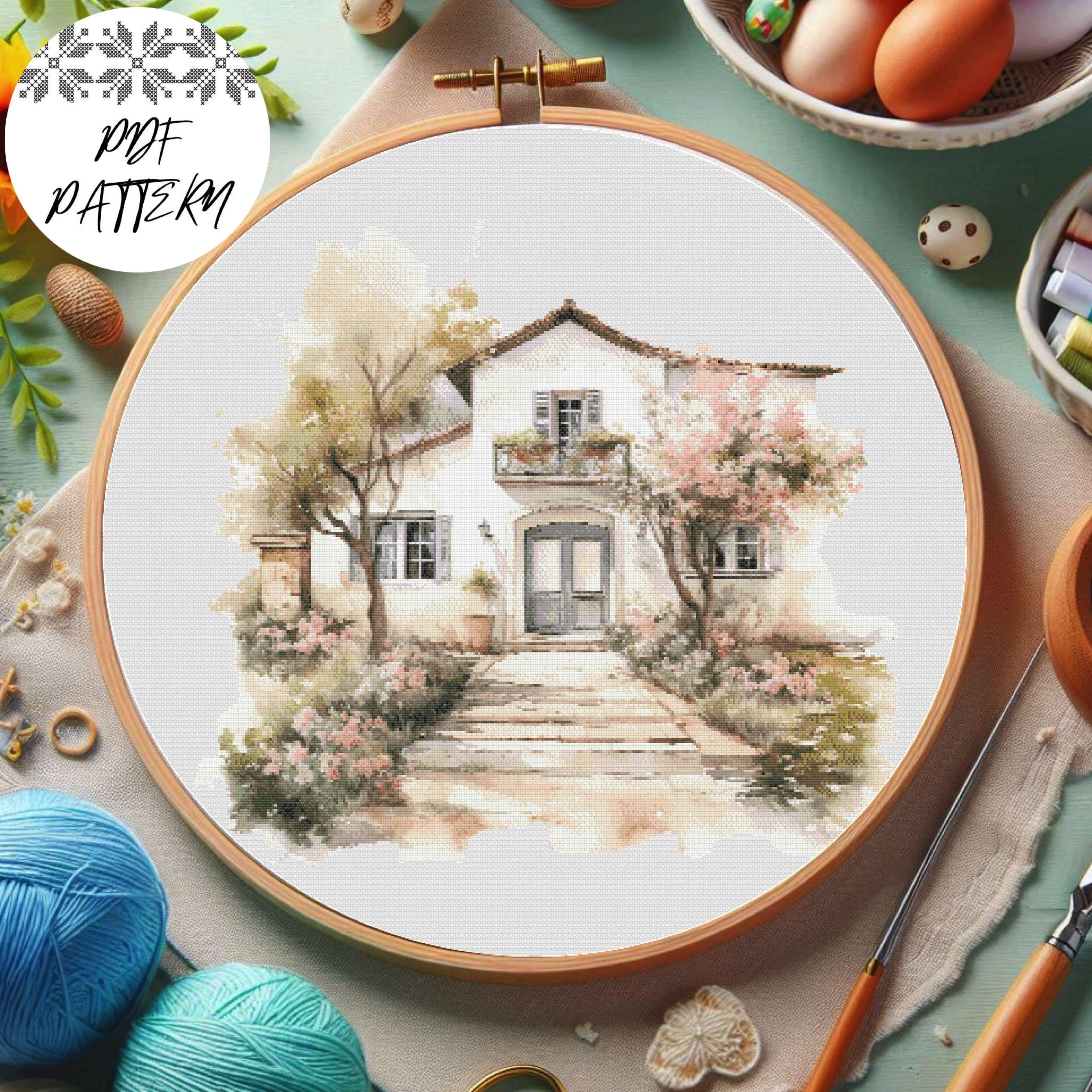 Summer Villa Cross Stitch Pattern: House & Terrace Embroidery (PDF ...