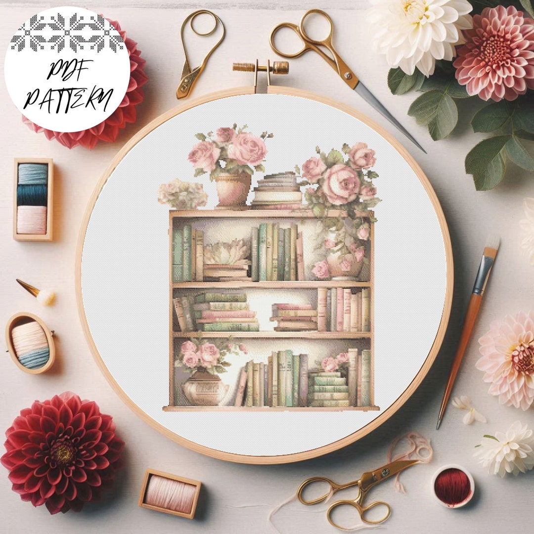 Bookshelf Cross Stitch Pattern – Floral Book Embroidery (PDF Pattern ...