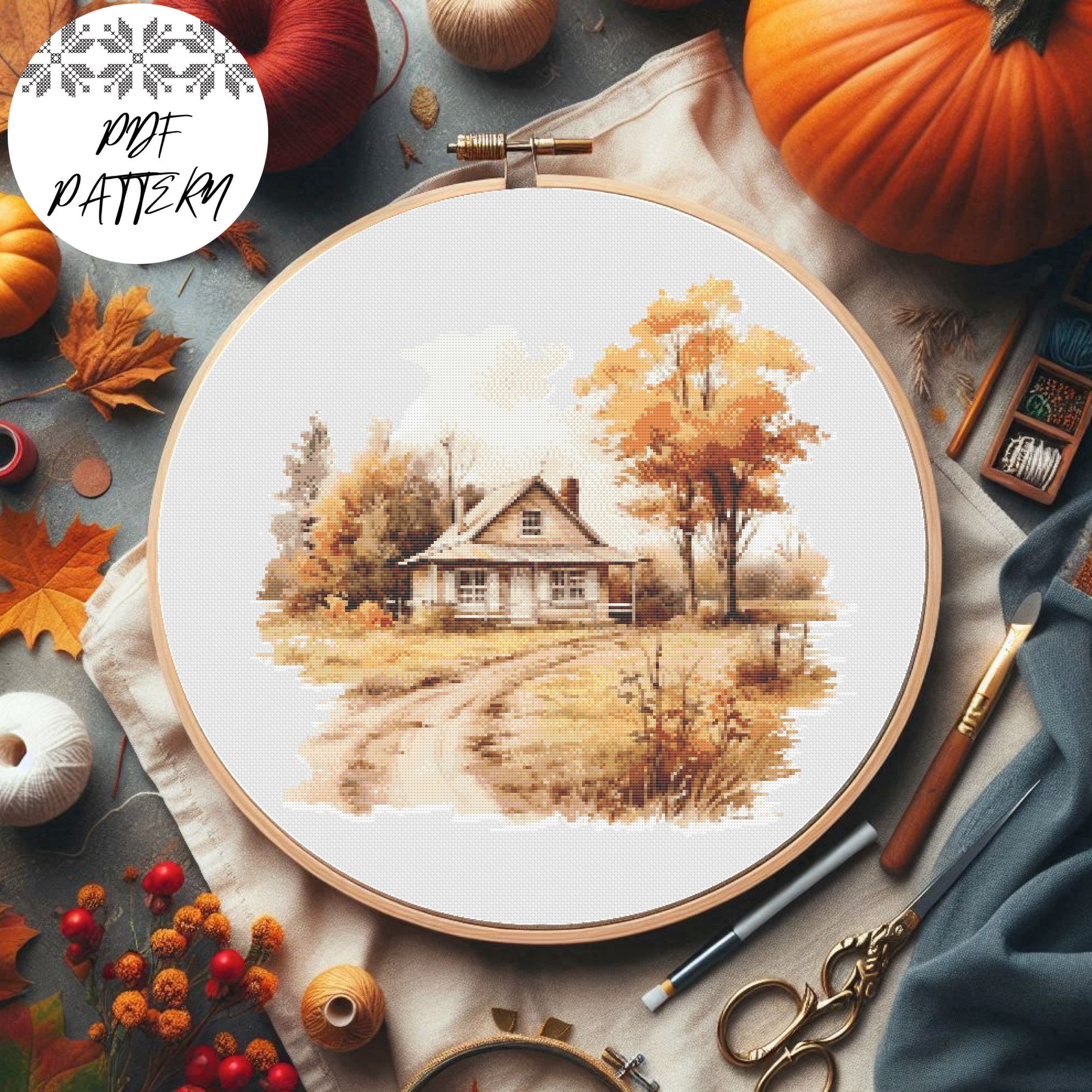 Autumn House Cross Stitch Pattern, PDF Pattern, Embroidery, DIY ...