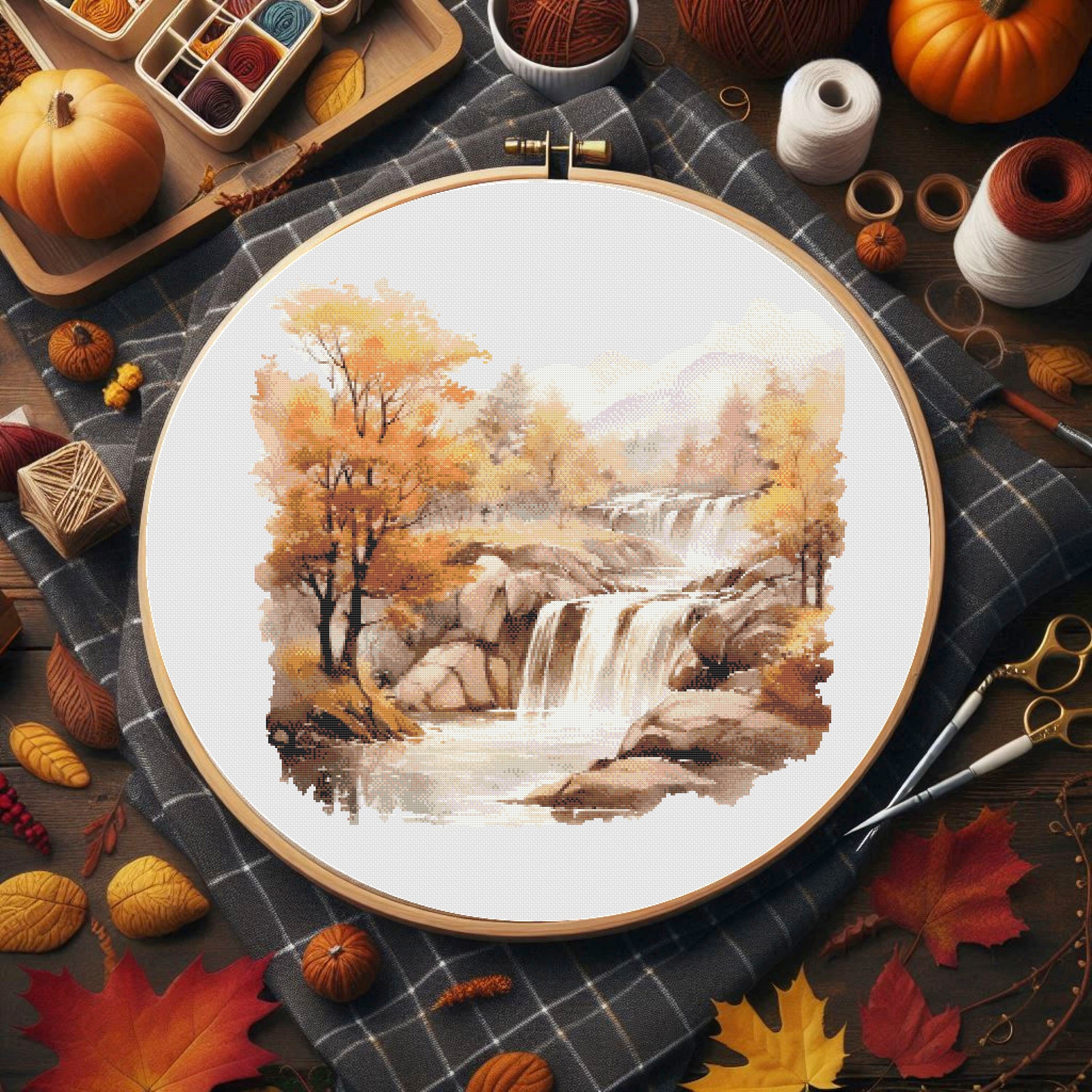 Fall Waterfall Cross Stitch Pattern, PDF Pattern, Embroidery, DIY ...