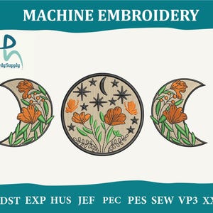 Flower Moon Embroidery Pattern, Forest Floral Moon Phase Machine ...